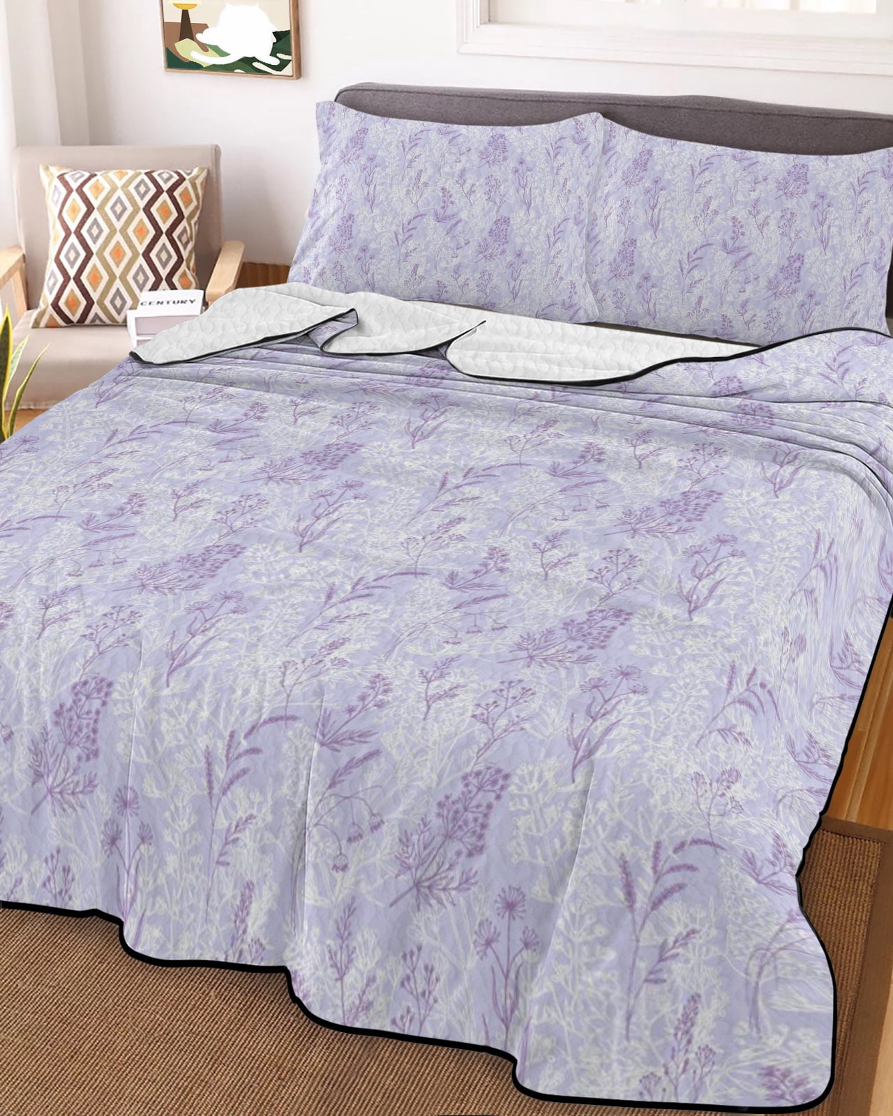 78x90in Quilt Bedding Set, Pastoral Lavender Ombre Purple Lightweight ...