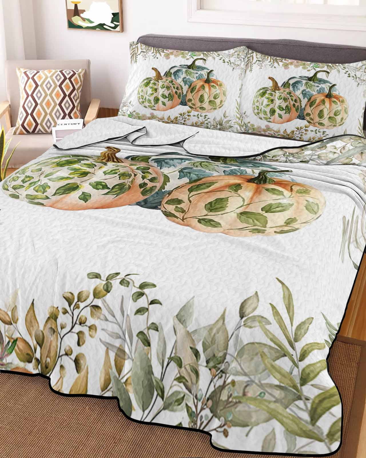 78x90in Quilt Bedding Set, Pumpkin Eucalyptus Leaf Fall Thanksgiving ...