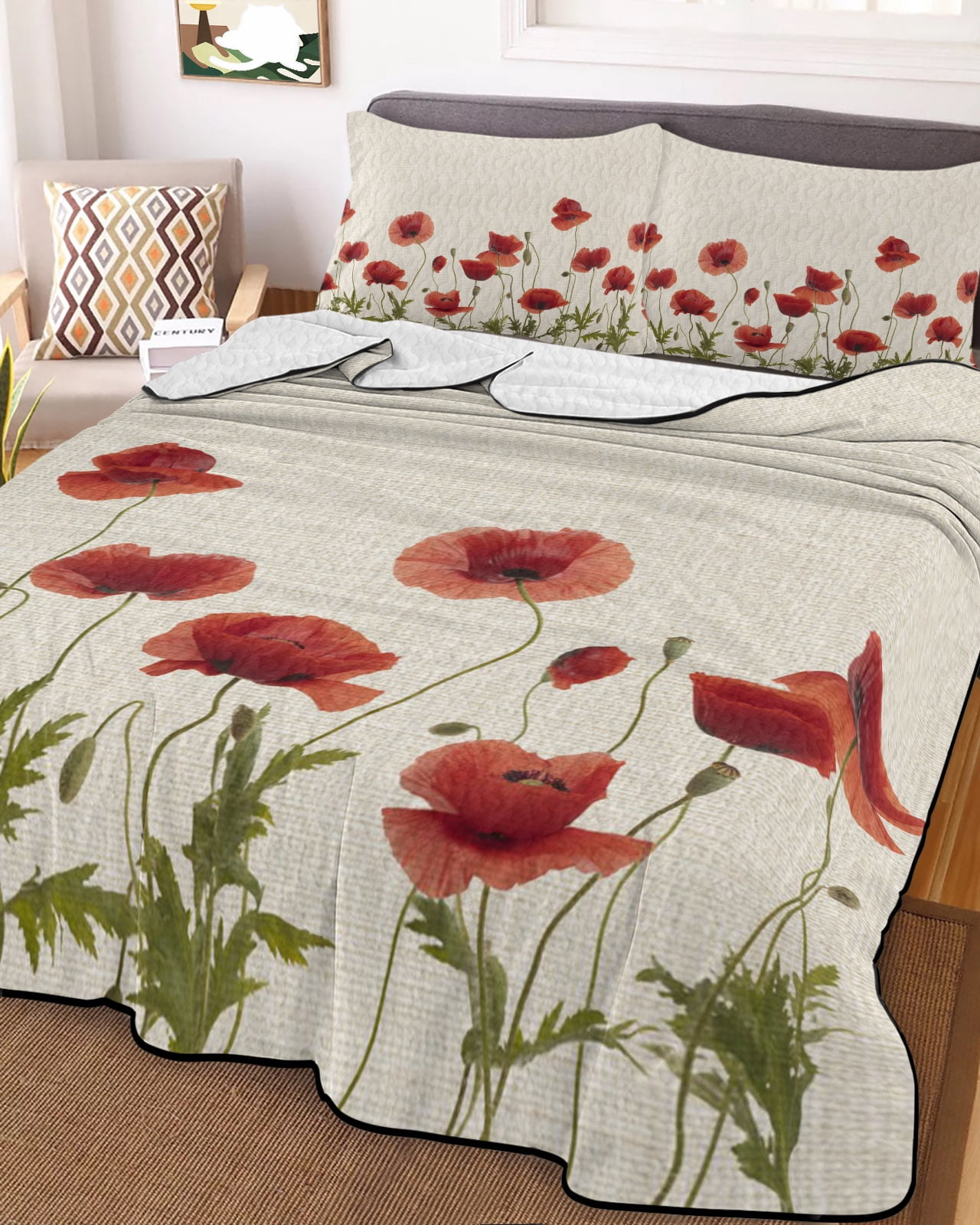 78x90in Quilt Bedding Set, Red Poppy Flower Leaves Plant Lightweight ...