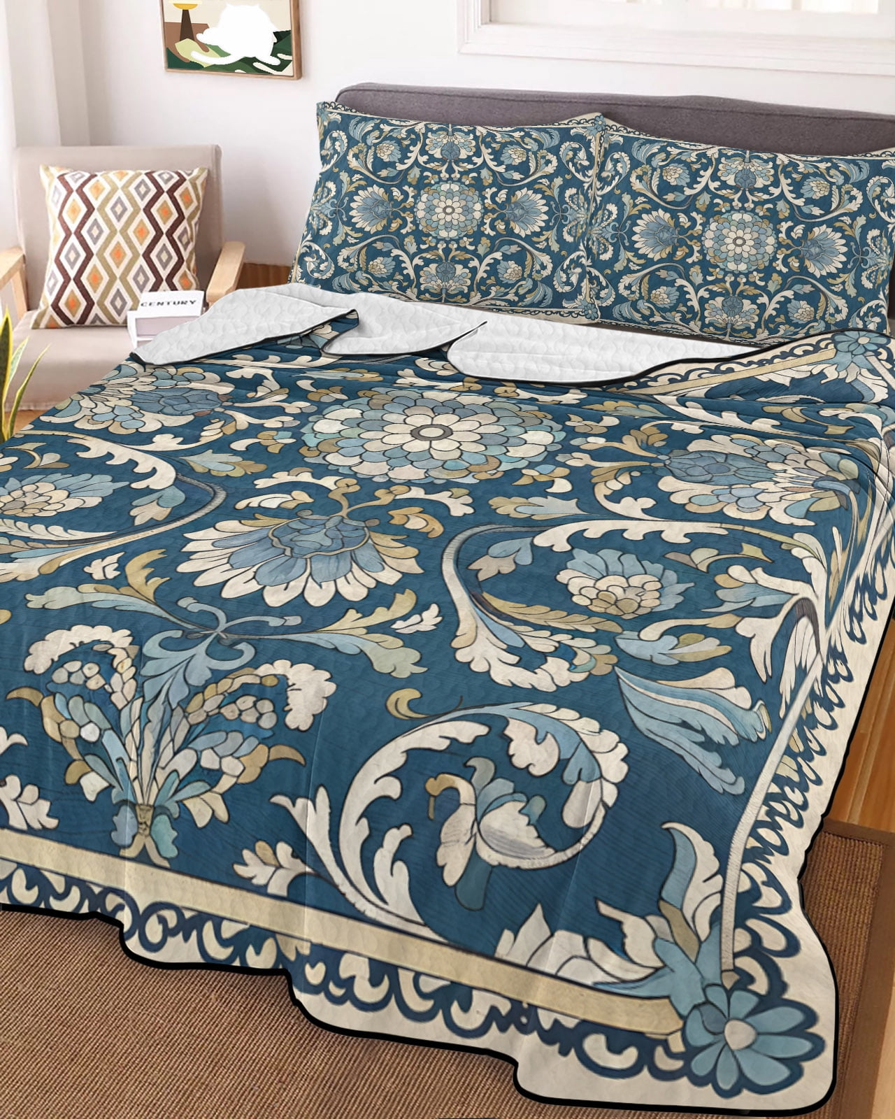 78x90in Quilt Bedding Set, Retro Boho Pattern Lightweight Coverlet ...