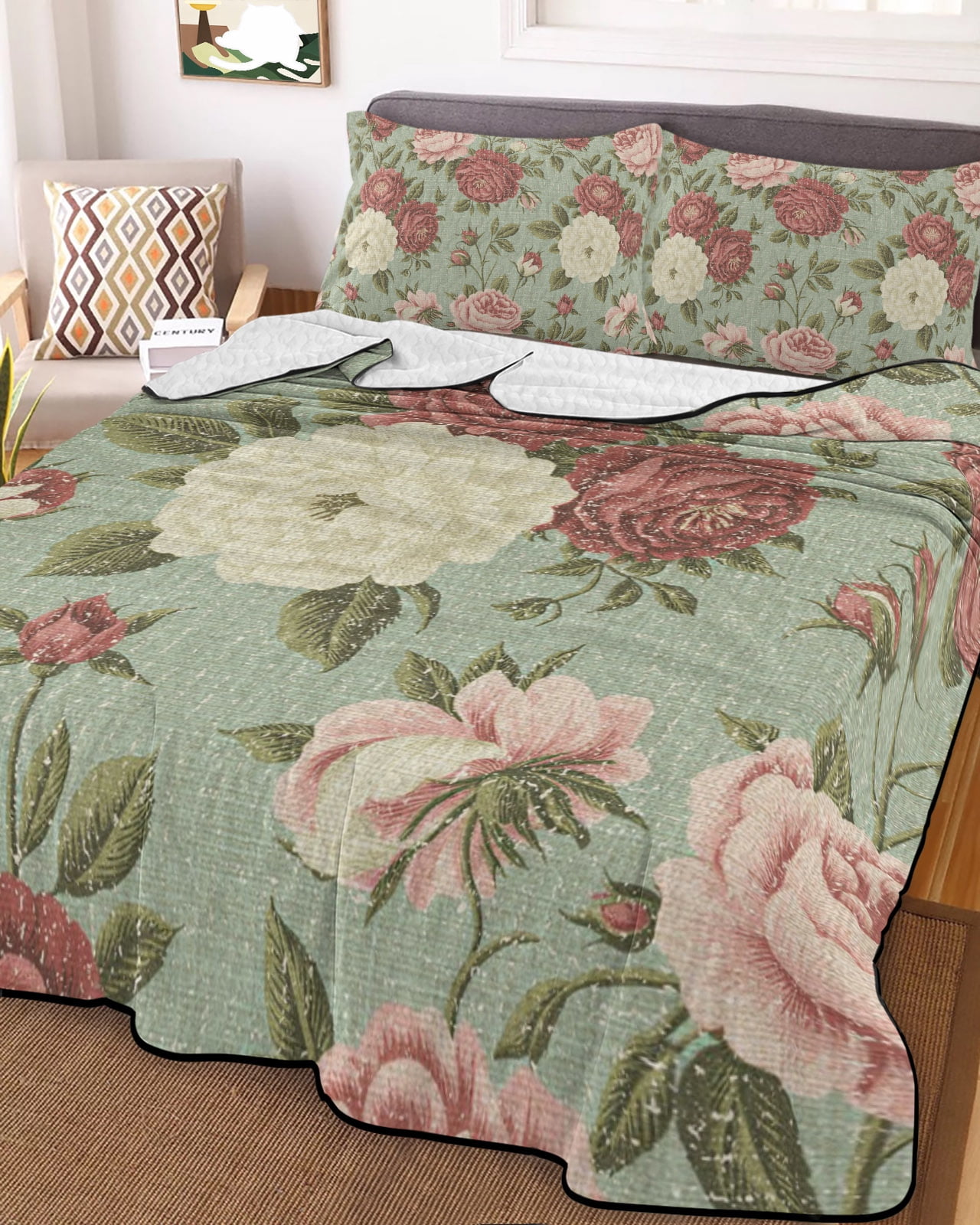78x90in Quilt Bedding Set, Retro Pink Red White Flowers Lightweight ...