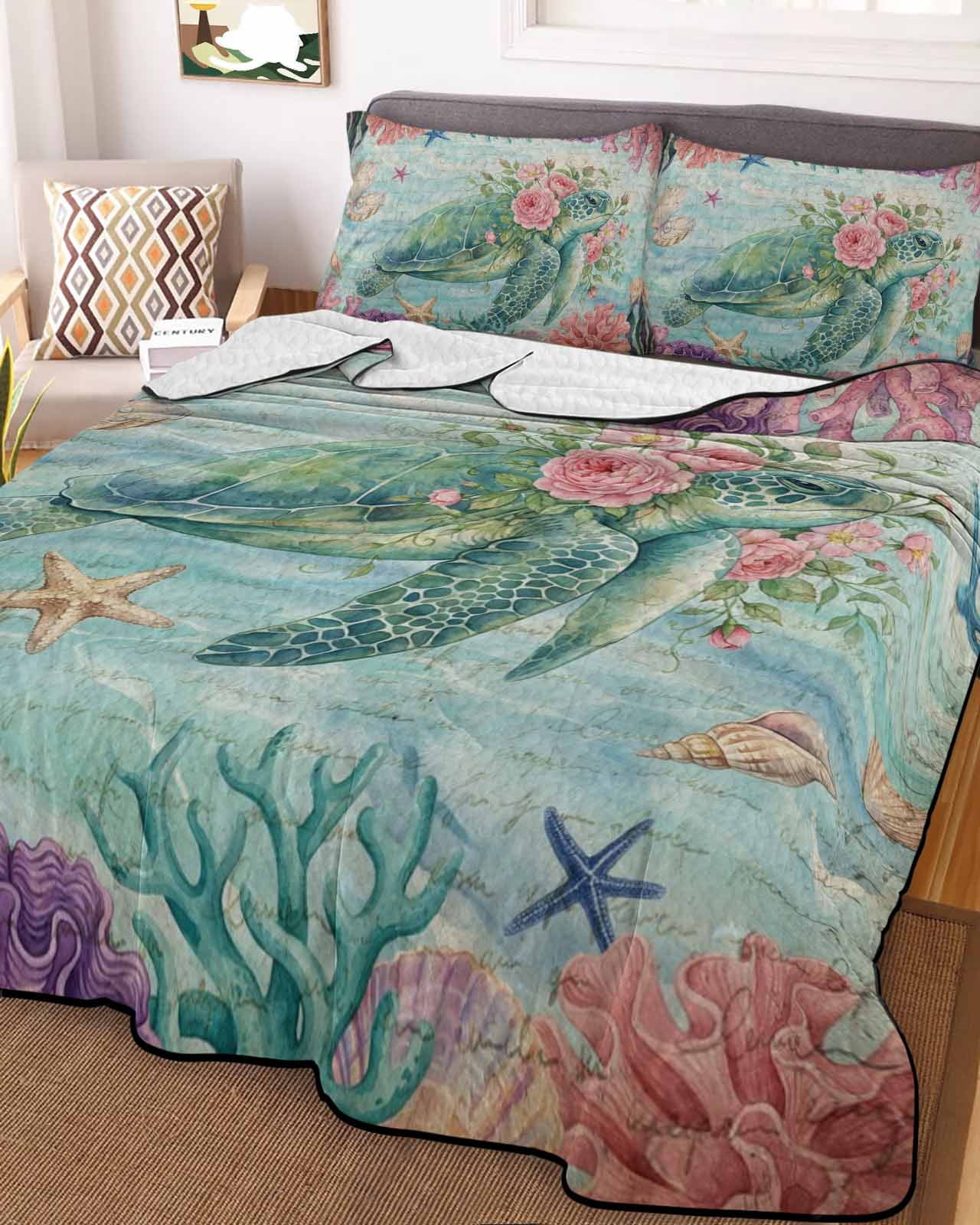 78x90in Quilt Bedding Set, Retro Summer Sea Turtles Flowers Lightweight ...