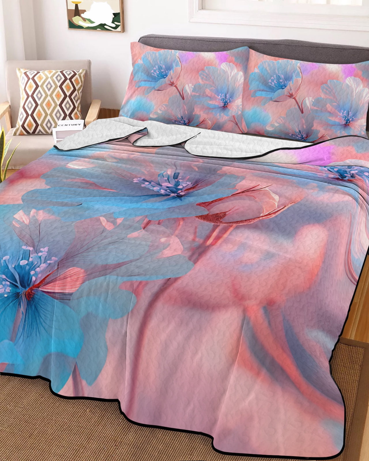 78x90in Quilt Bedding Set, Romantic Realistic Blossom Flowers ...