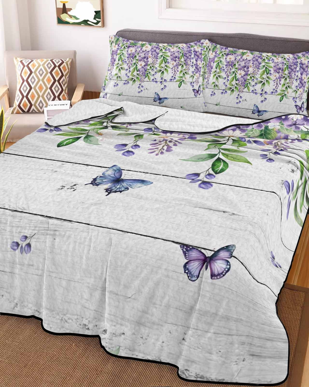 78x90in Quilt Bedding Set, Rustic Flower Leaf Butterfly Lightweight ...