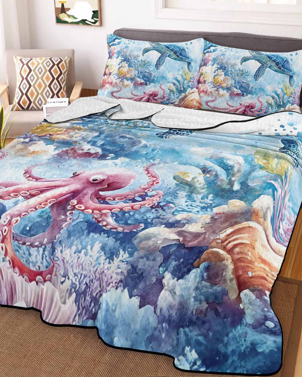 78x90in Quilt Bedding Set, Sea Turtle Octopus Coral Shell Lightweight ...