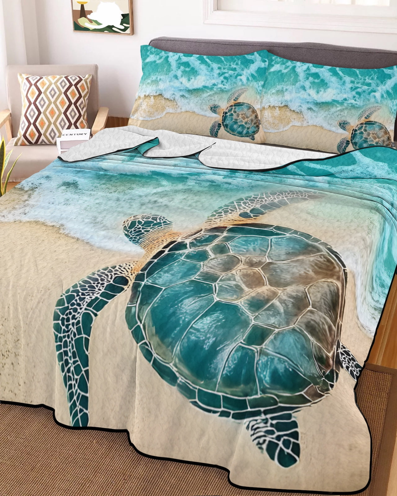 78x90in Quilt Bedding Set, Sea turtle Summer Beach Lightweight Coverlet ...
