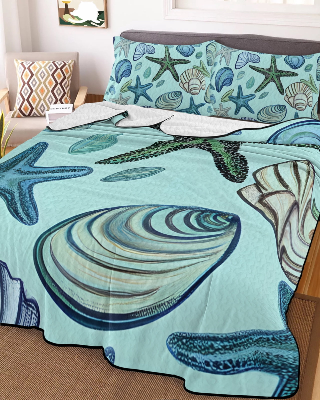 78x90in Quilt Bedding Set, Seaside Cartoon Starfish Conch Lightweight ...
