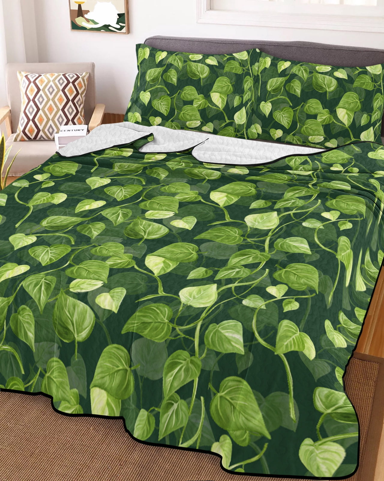 78x90in Quilt Bedding Set, Spring Green Leaves Seamless Lightweight ...