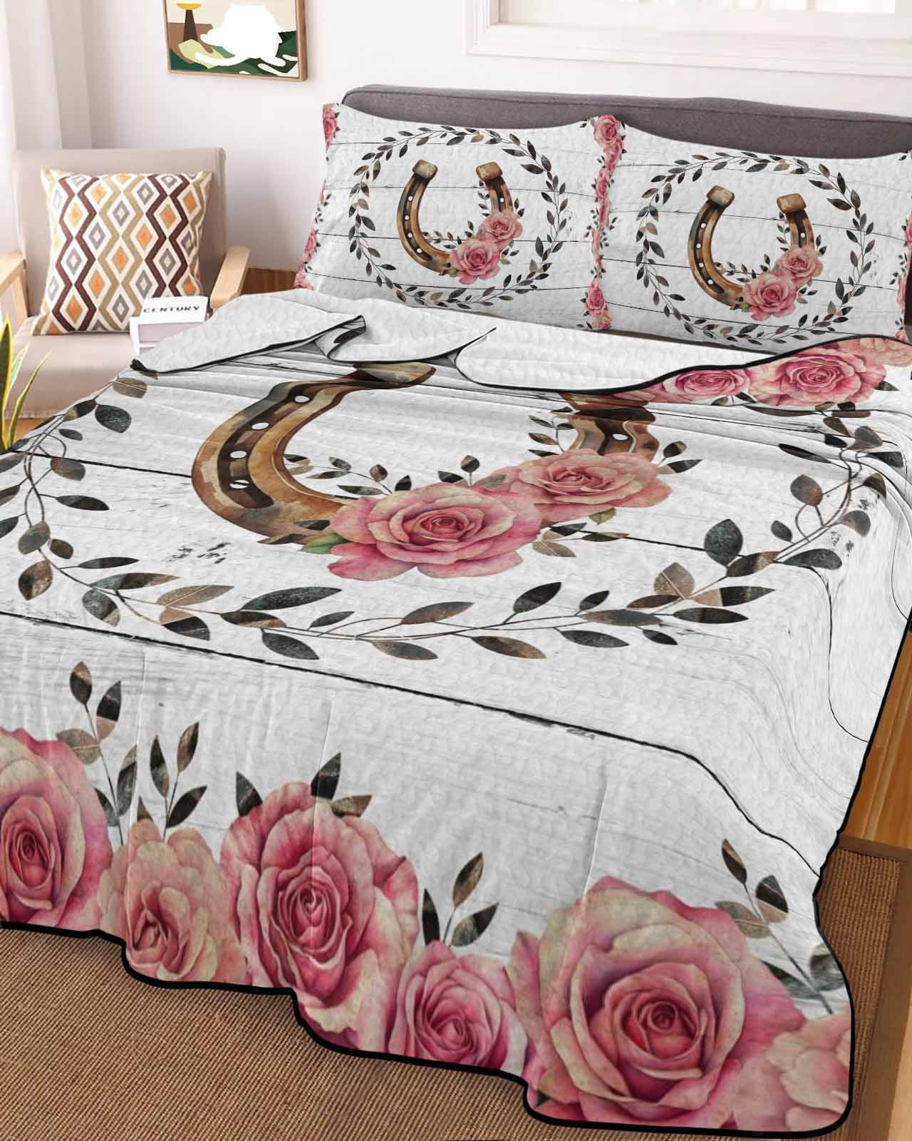 78x90in Quilt Bedding Set, Spring Pink Rose Flower Leaf Lightweight ...