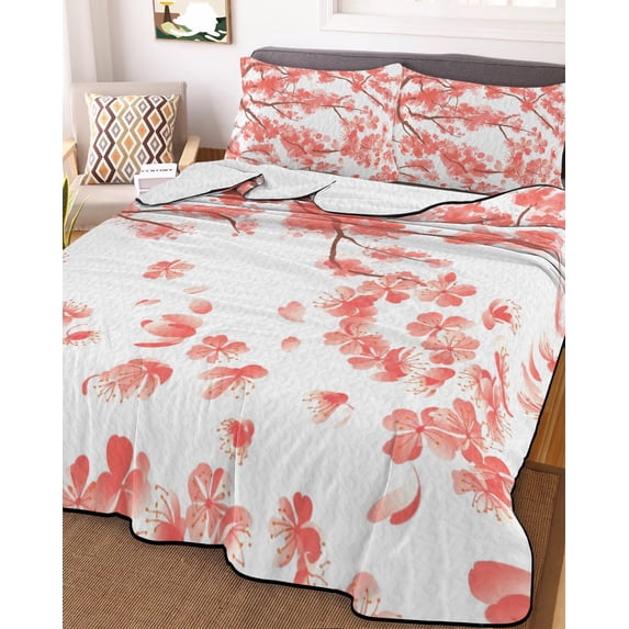 78x90in Quilt Bedding Set, Spring Red Cherry Blossoms Lightweight ...