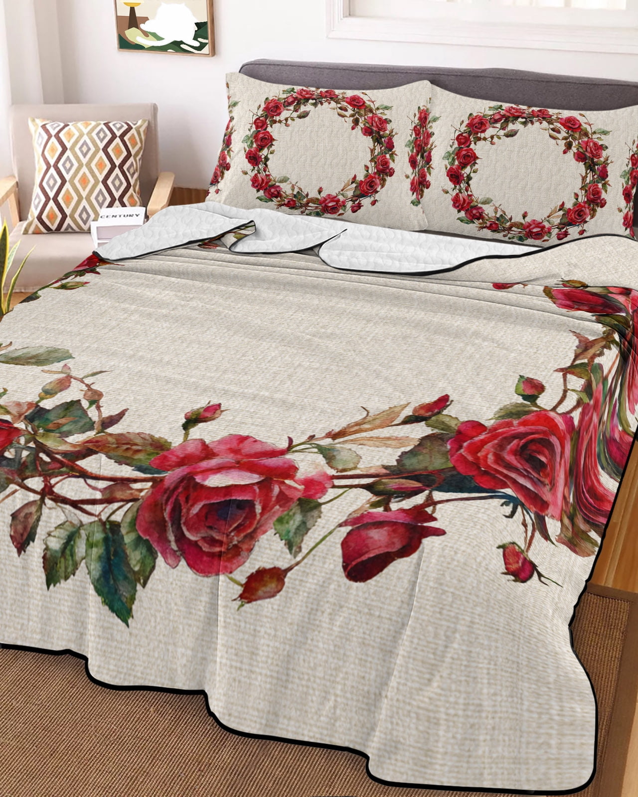 78x90in Quilt Bedding Set, Spring Red Rose Flower Garland on Linen ...