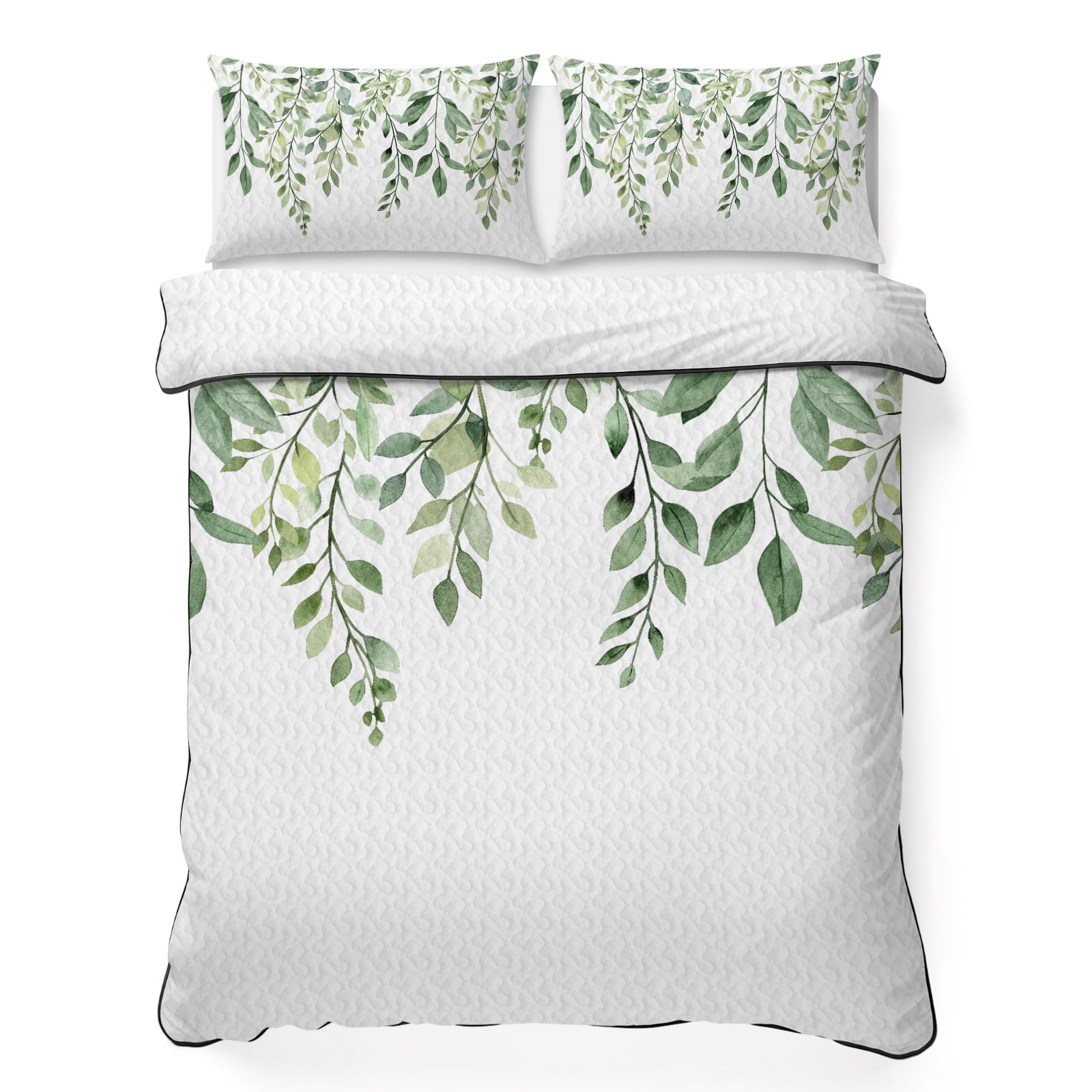 Full Quilt Bedding Set Spring Sage Green Leaves Watercolor Breathable ...