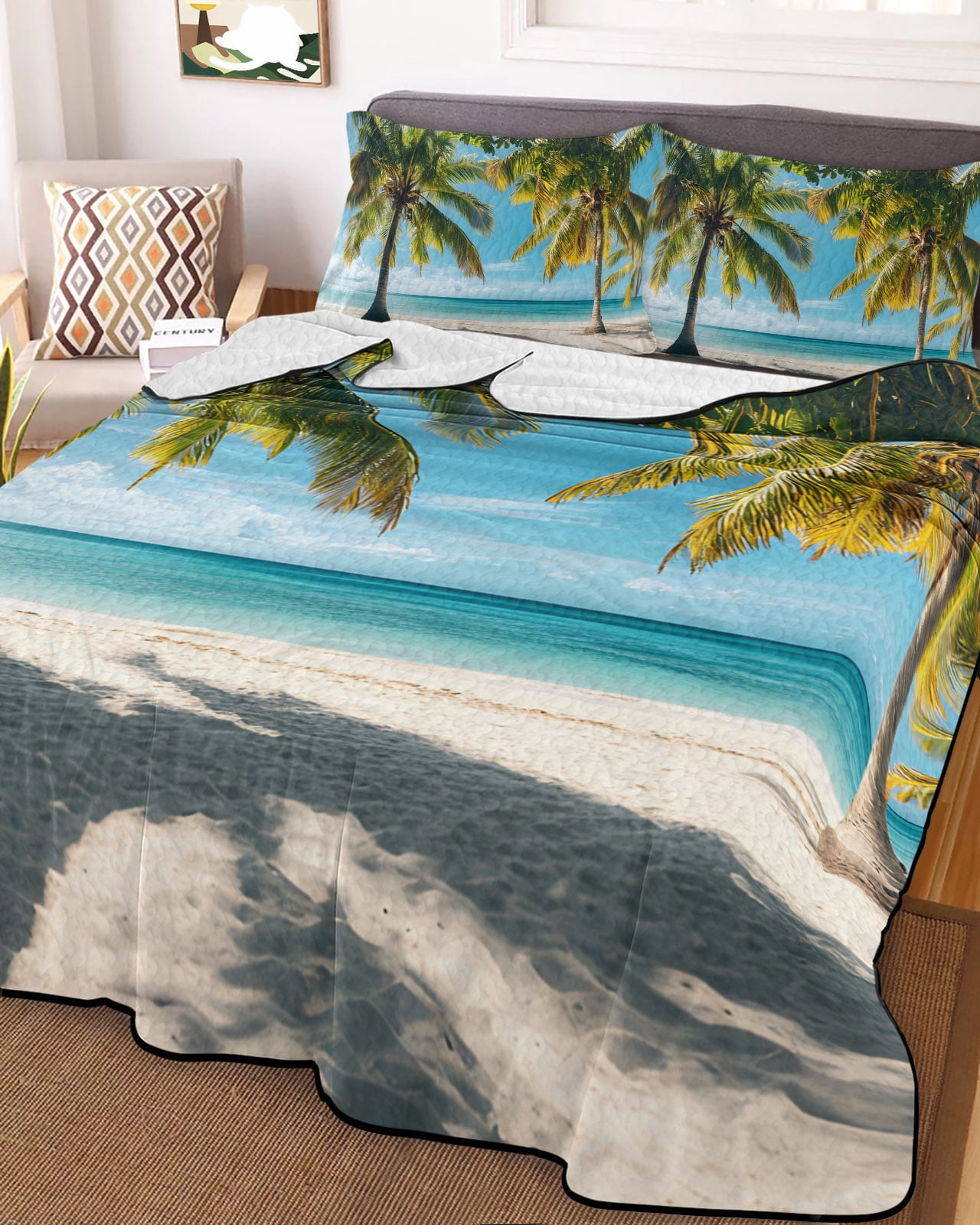 78x90in Quilt Bedding Set, Summer Beach Green Coconut Tree Lightweight ...