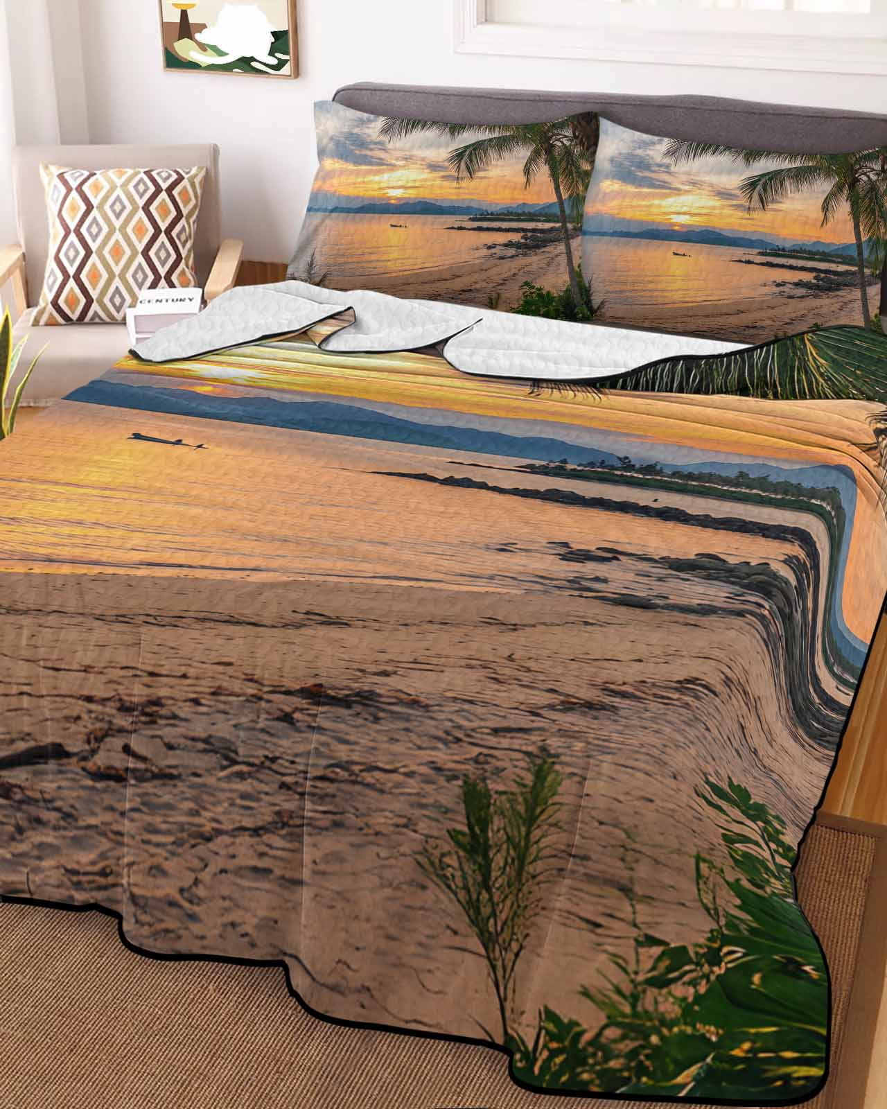 78x90in Quilt Bedding Set, Summer Beach Ocean Coconut Tree Lightweight ...