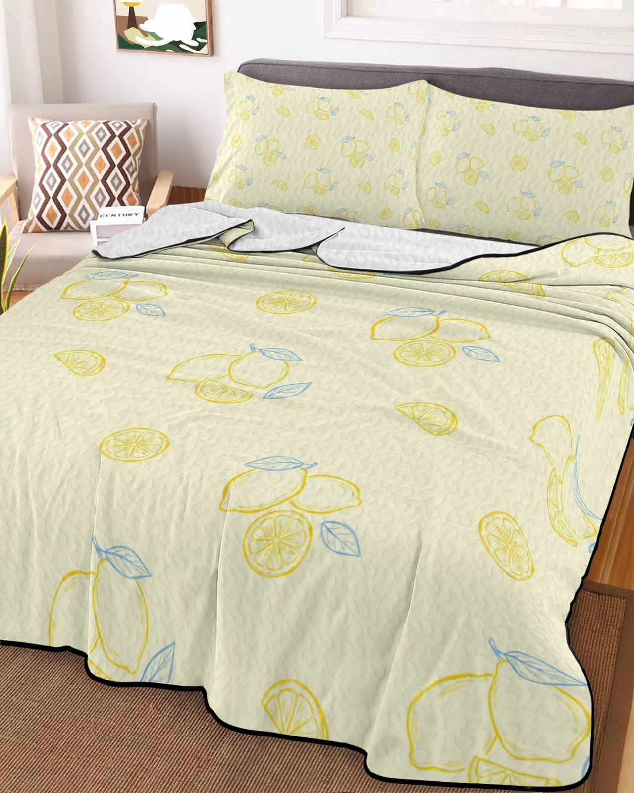 78x90in Quilt Bedding Set, Summer Fields Cute Lemons Lightweight ...