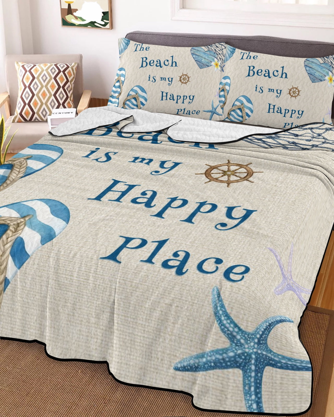 78x90in Quilt Bedding Set, Summer Slippers Starfish Flower Lightweight ...