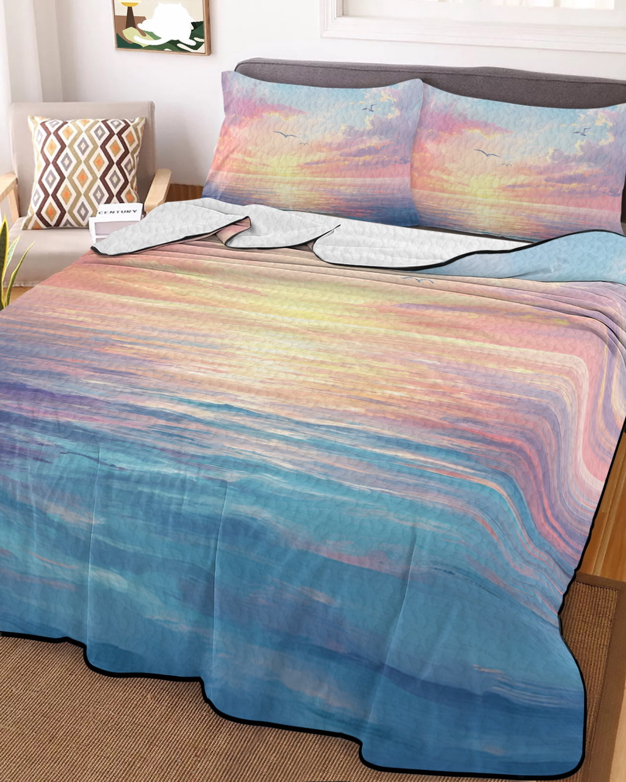 78x90in Quilt Bedding Set, Sunset Ocean Pink Gradient Lightweight ...