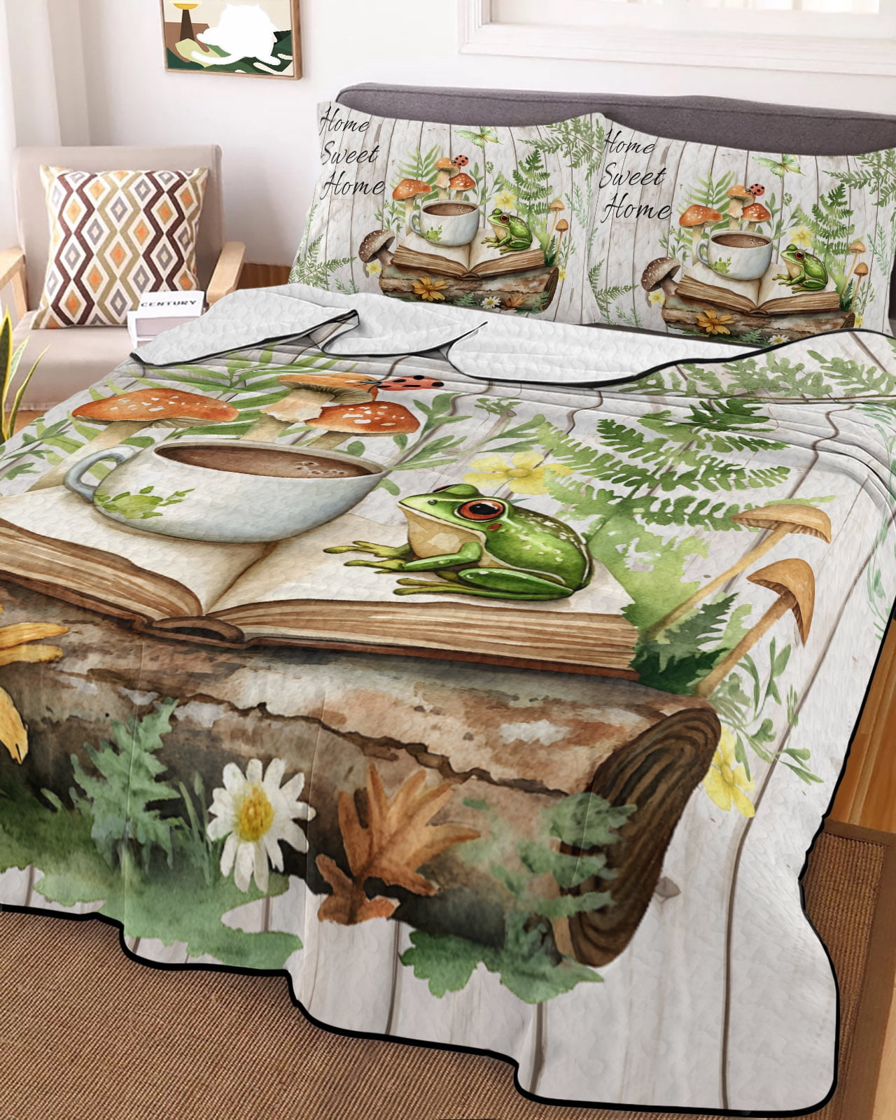 78x90in Quilt Bedding Set, Sweet Home Words Frog Lightweight Coverlet ...