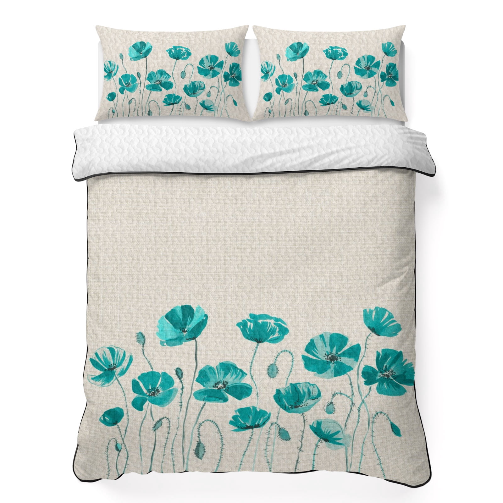 Full Quilt Bedding Set Teal Poppy Watercolor Flowers Breathable Summer ...