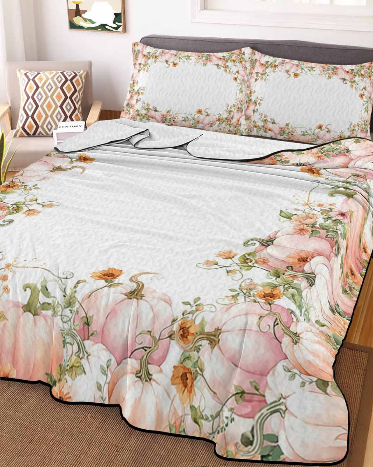78x90in Quilt Bedding Set, Thanksgiving Autumn Pink Pumpkin Lightweight ...