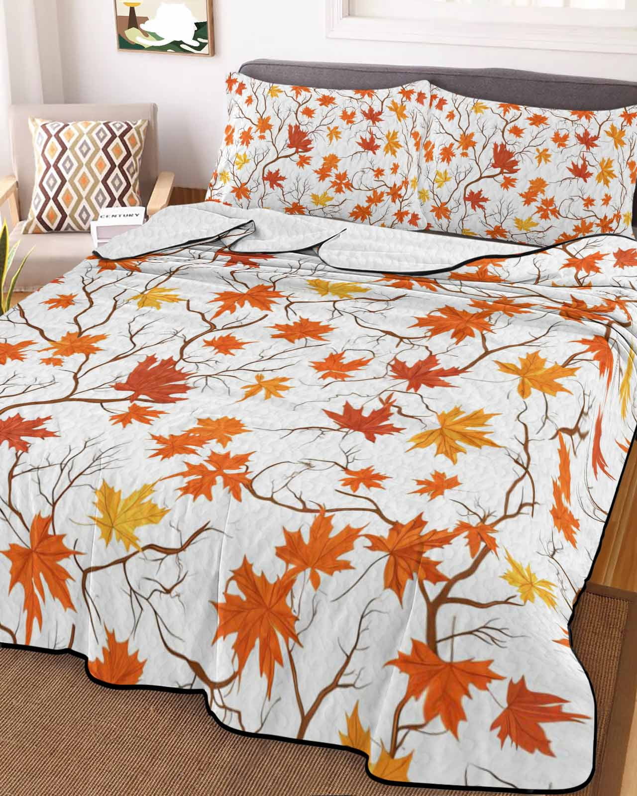 78x90in Quilt Bedding Set, Thanksgiving Maple Leaf Lightweight Coverlet ...