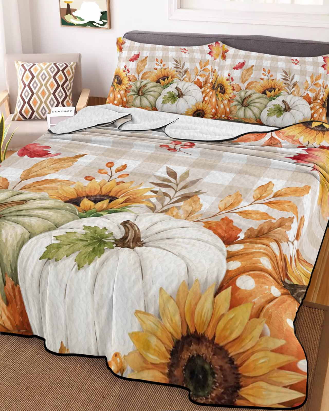 78x90in Quilt Bedding Set, Thanksgiving Pumpkin Sunflower Berries ...