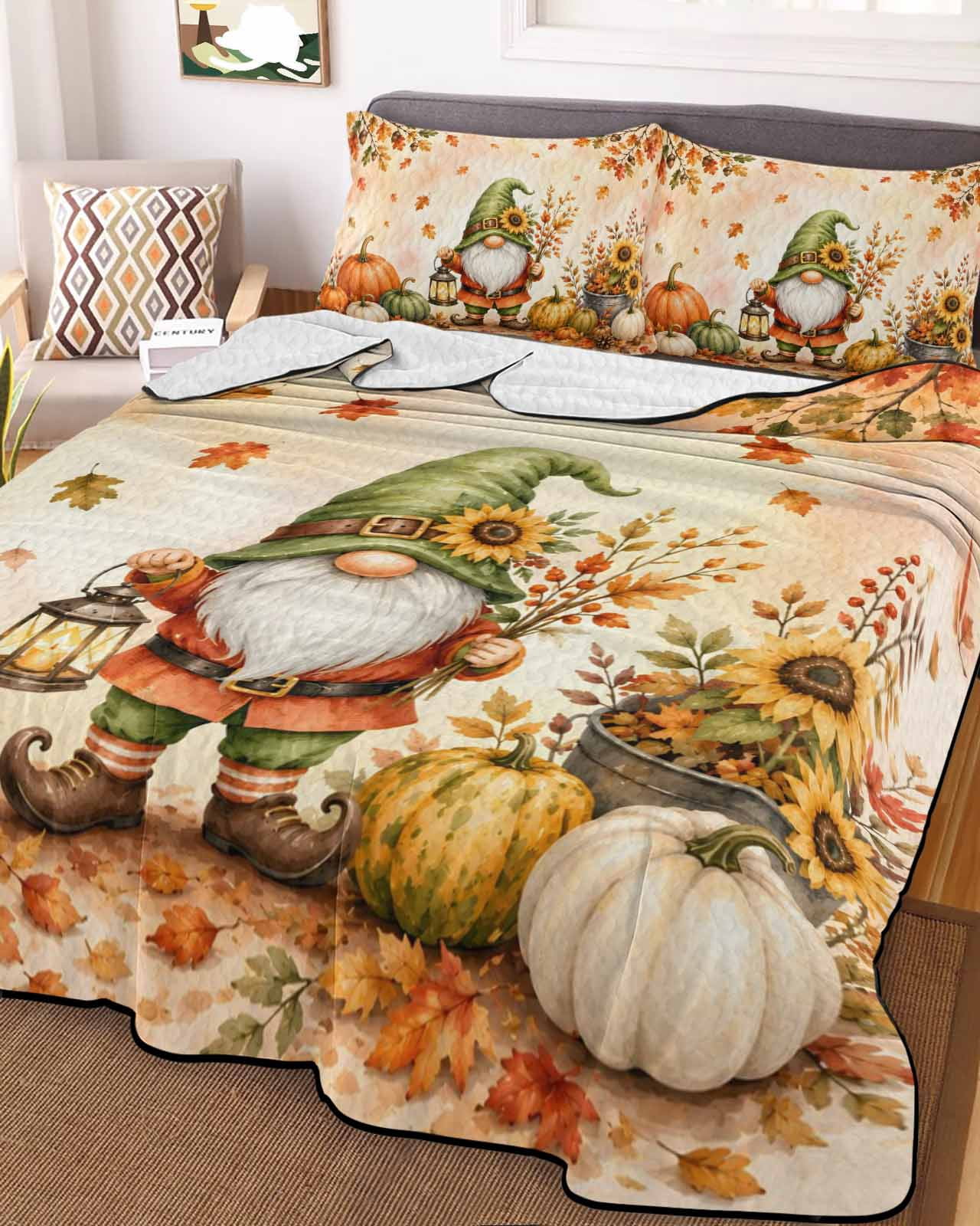78x90in Quilt Bedding Set, Thanksgiving Pumpkin Sunflower Lightweight ...