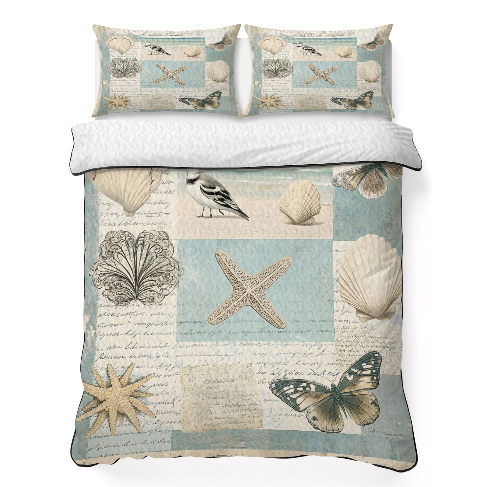 Full Quilt Bedding Set Tropical Beach Shell Coral Butterfly Breathable ...