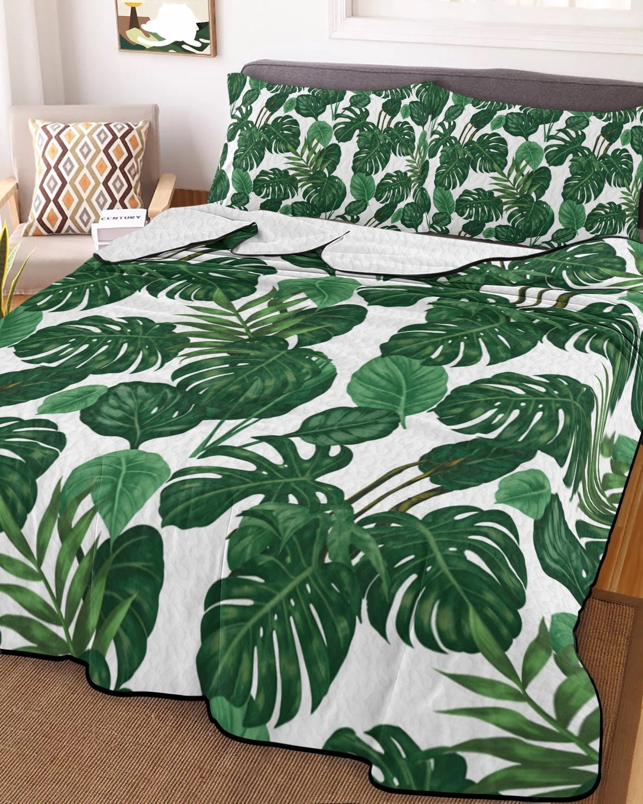 78x90in Quilt Bedding Set, Tropical Plants Turtle Backwood Lightweight ...