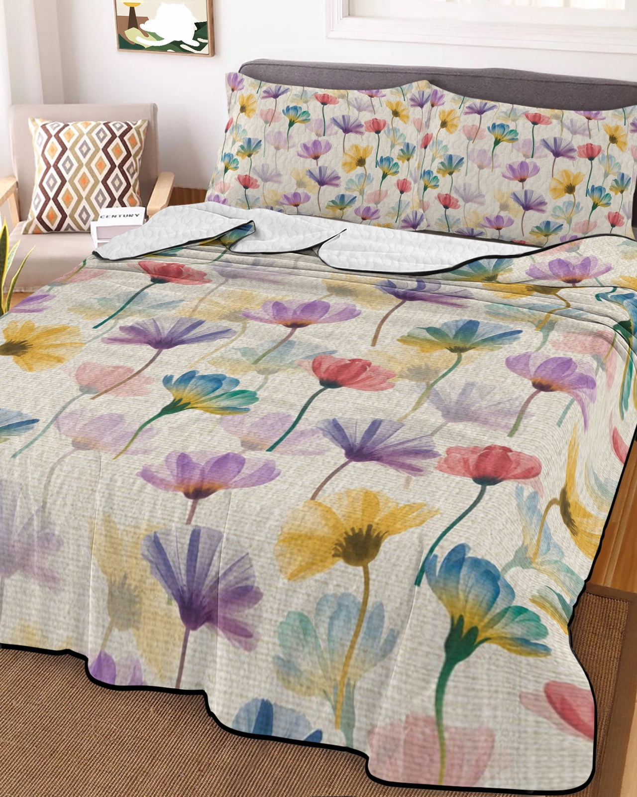 78x90in Quilt Bedding Set, Vintage Watercolor Flowers Lightweight ...