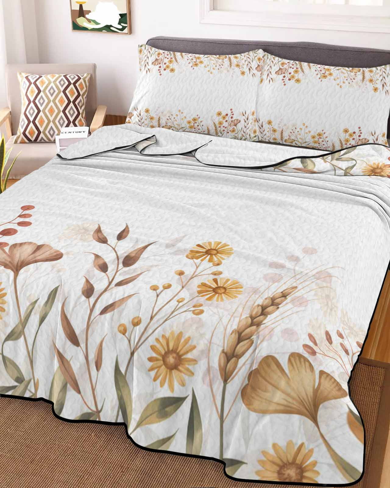 78x90in Quilt Bedding Set, Watercolor Autumn Plant Ginkgo Lightweight ...
