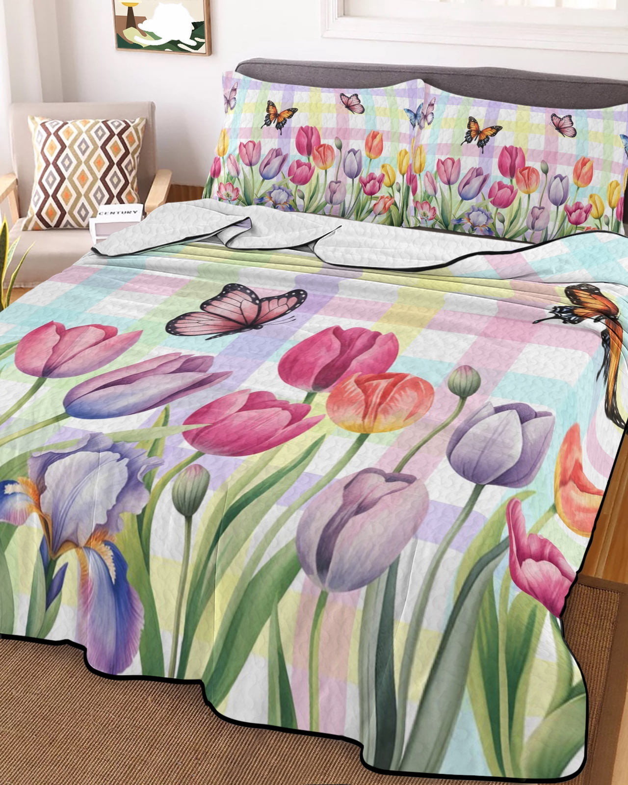 78x90in Quilt Bedding Set, Watercolor Country Flowers Tulips ...