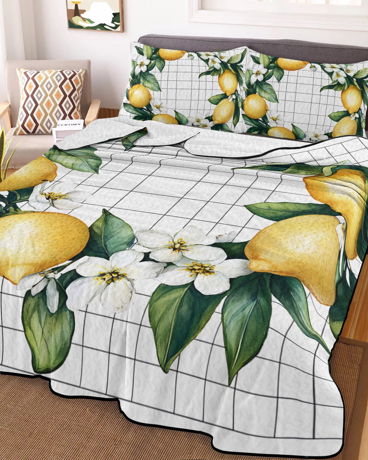 78x90in Quilt Bedding Set, Watercolor Lemon Flowers Wreath Lightweight ...