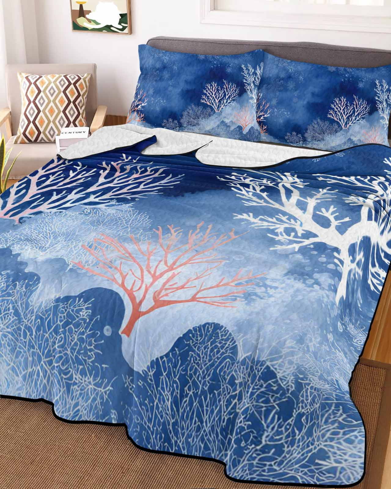 78x90in Quilt Bedding Set, Watercolor Ocean Coral Texture Lightweight ...