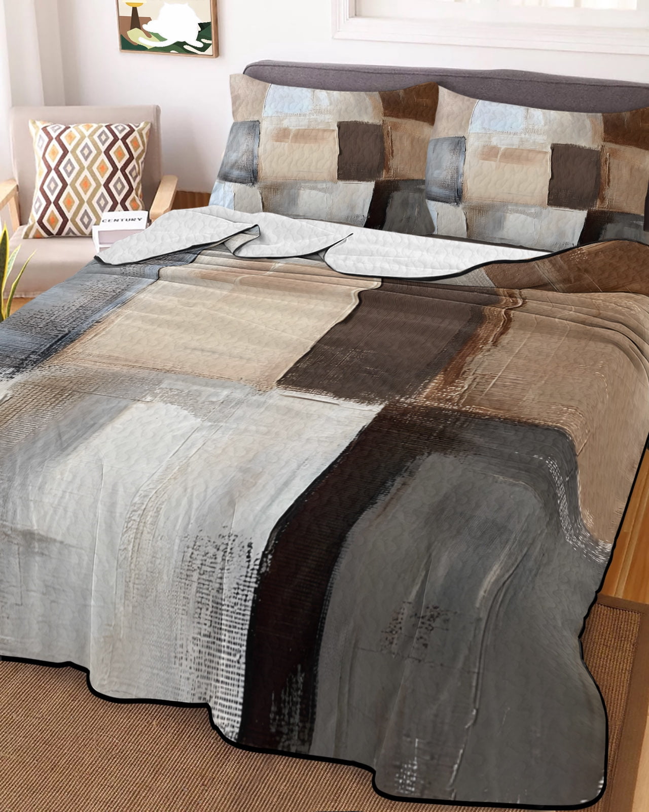 78x90in Quilt Bedding Set, Watercolor Sketch Color Blocks Lightweight ...