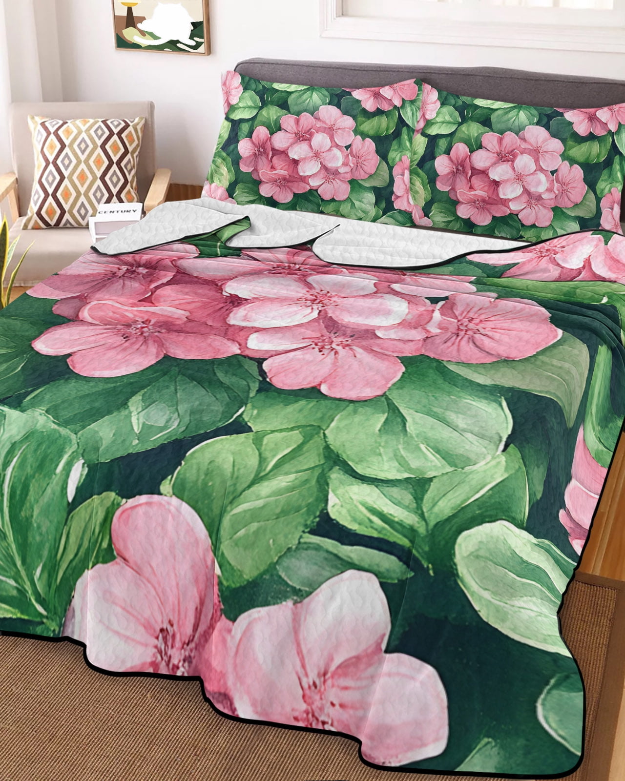 78x90in Quilt Bedding Set, Watercolor Spring Blossom Pink Flower ...