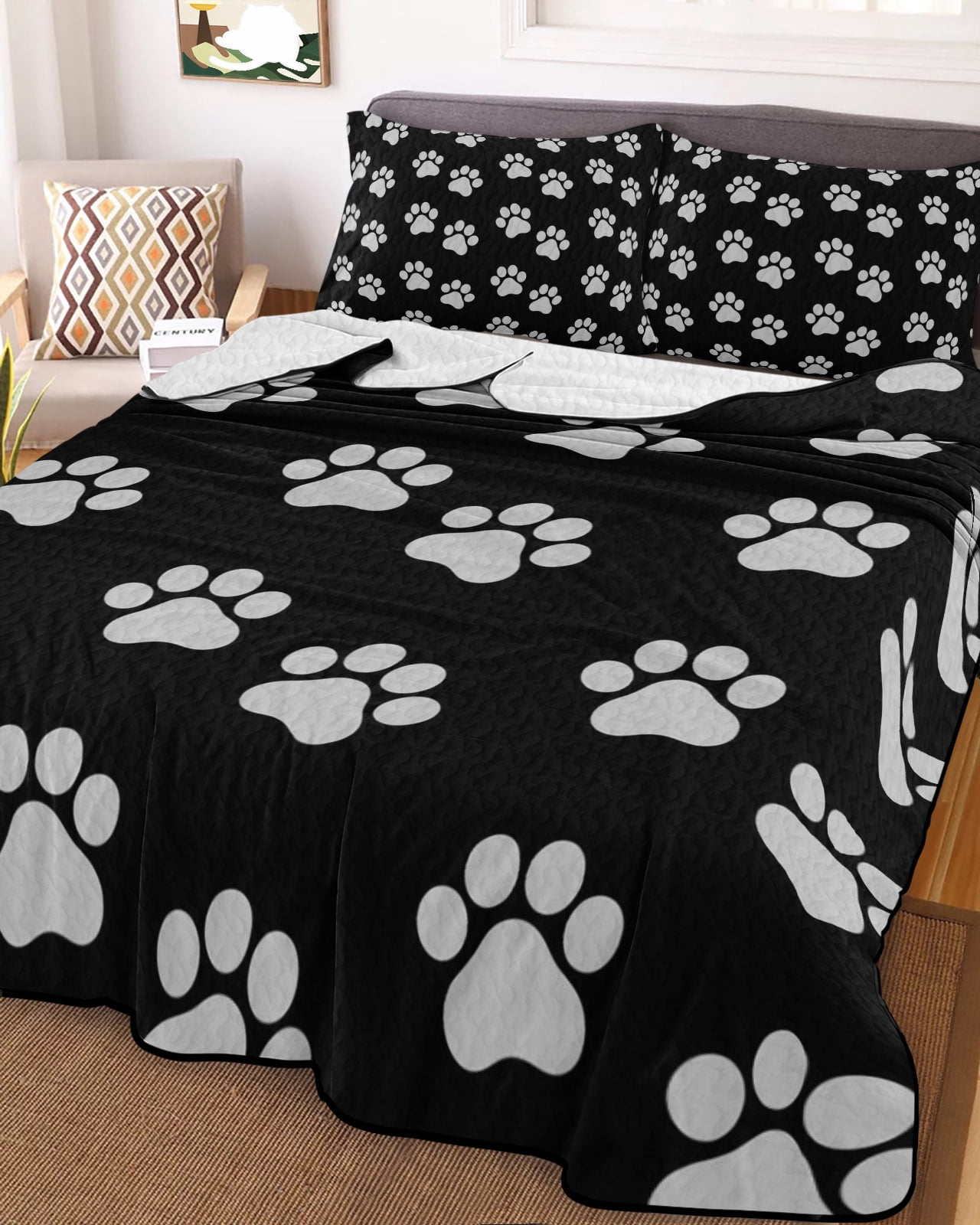 78x90in Quilt Bedding Set, White Animals Footprints Lightweight ...