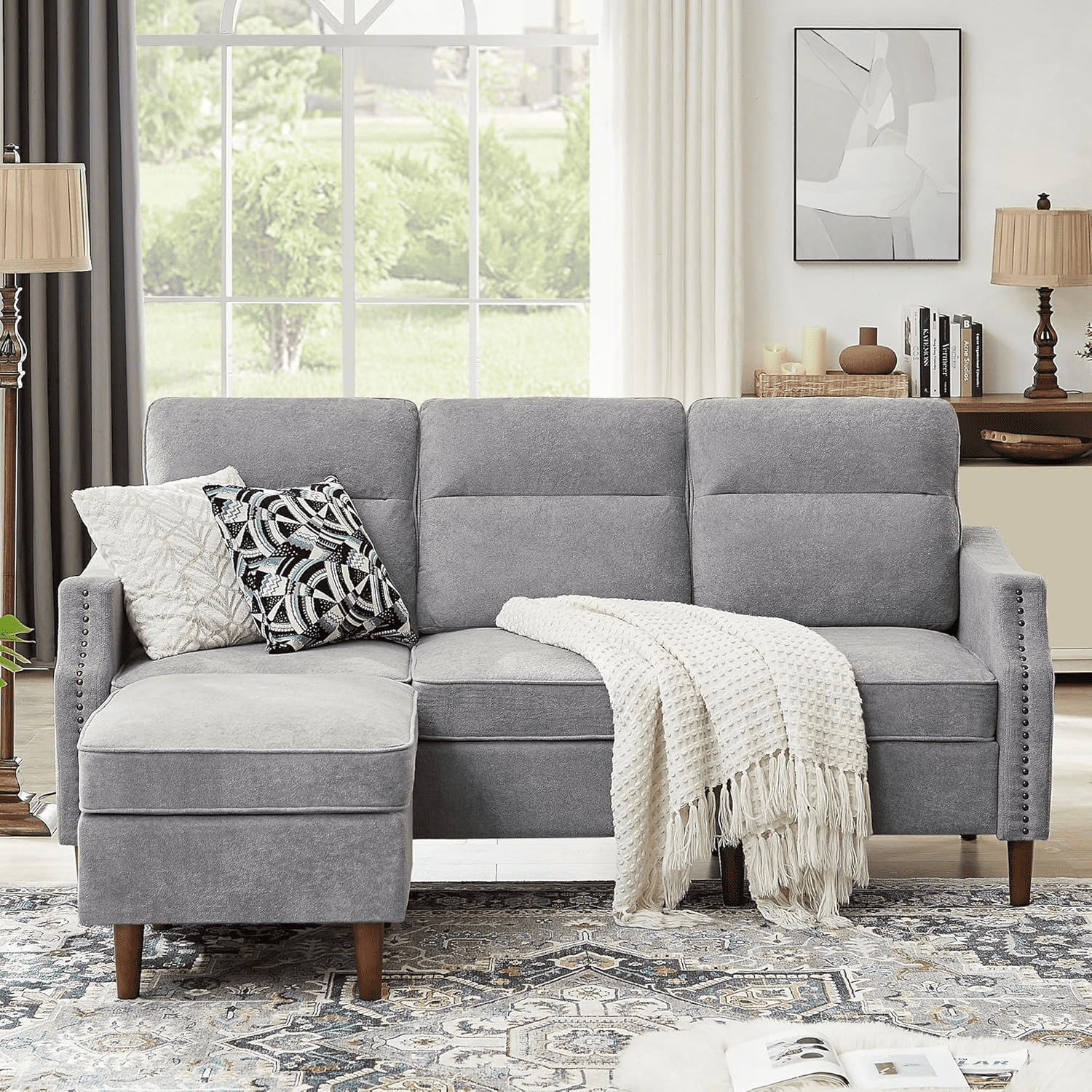 79" L-Shaped 3 Seat Sectional Sofa Mid-Century Couch with Ottoman ...