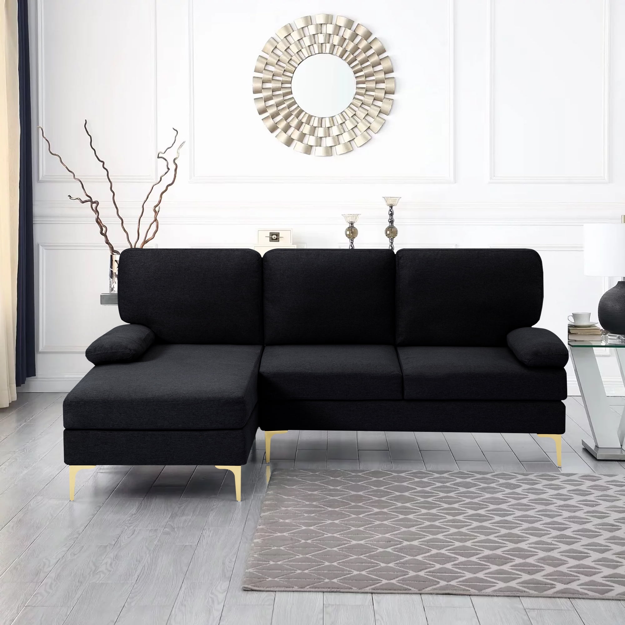 "79.5"" Comfy Black L-Shaped Sectional Couch with Convertible ...