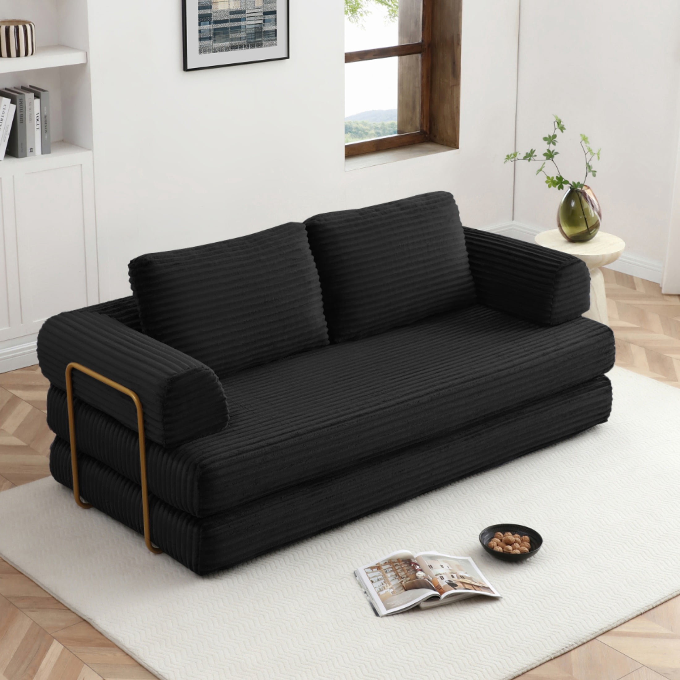 79.5" Convertible Sofa Bed, Corduroy Folding Futon with Pillows ...
