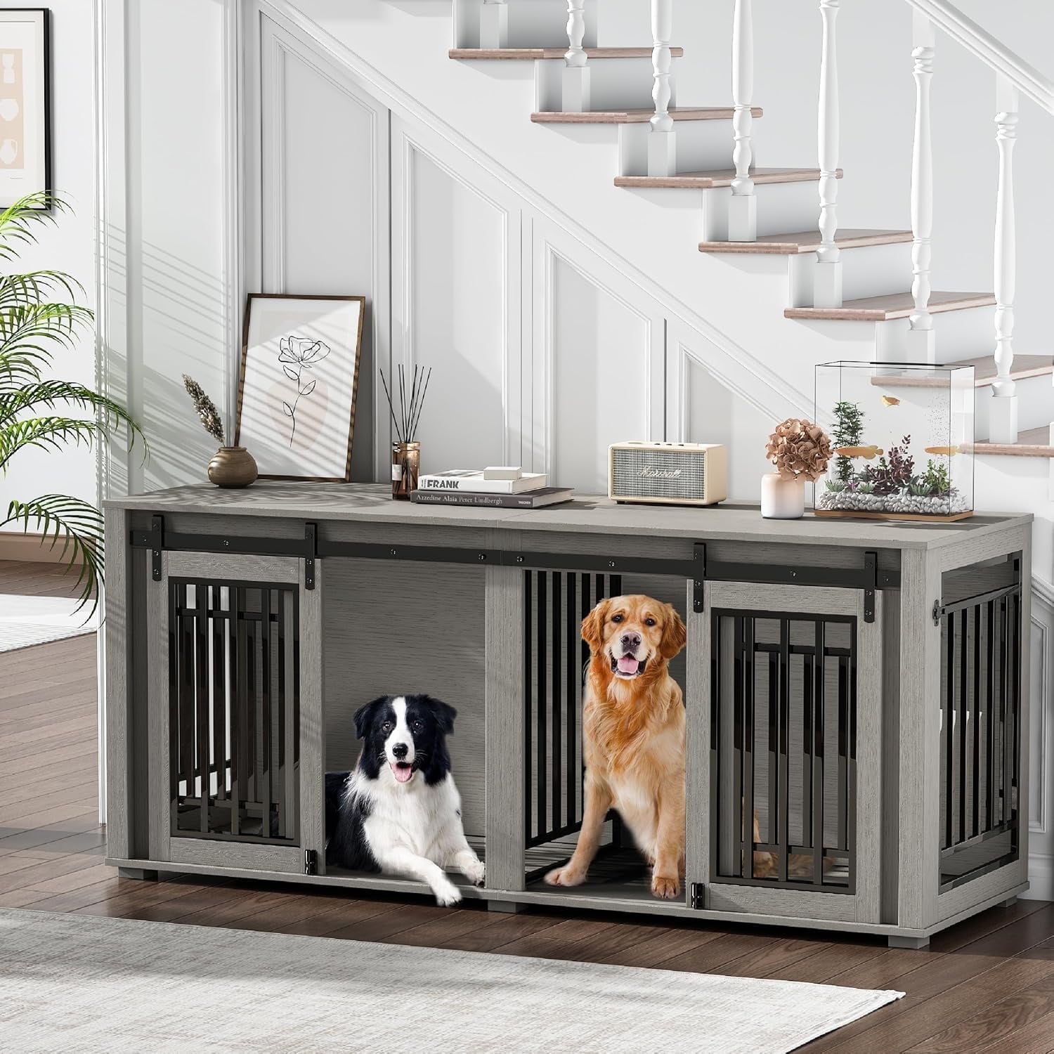 Large Dog Crate Furniture for 2 Dogs, Weatherproof 2-Door 71" Wooden ...