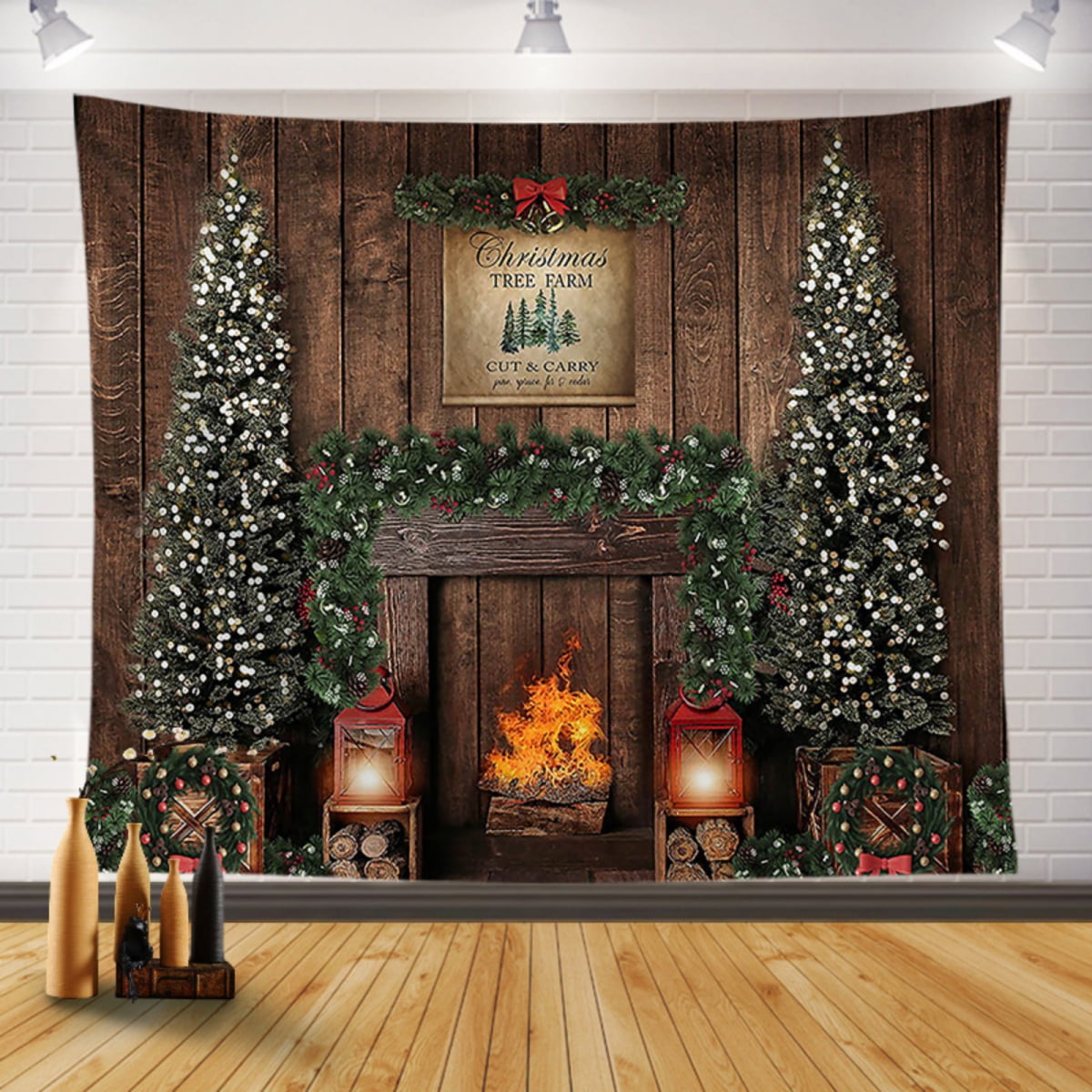 79"*59"Christmas Fireplace Backdrop Banners,Vintage Xmas Tree Stockings ...