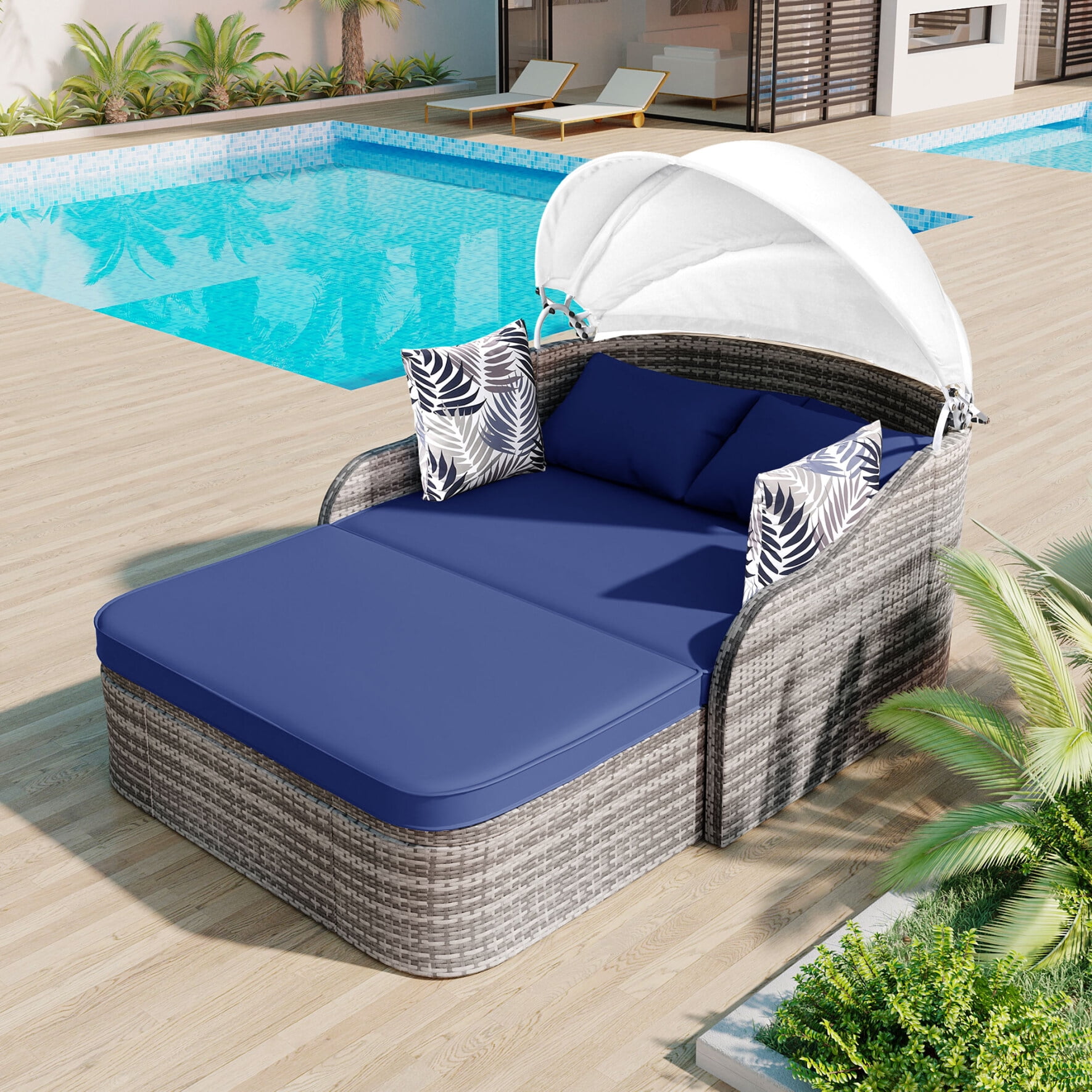 79.9 Inch Outdoor Sunbed with Adjustable Canopy, Double Lounge Daybed ...
