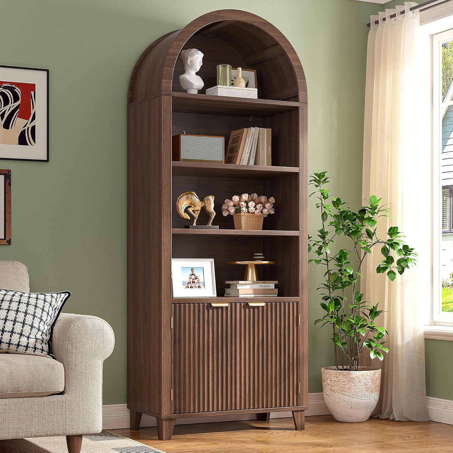 79.9" Tall Arched Cabinet,6-Tier Arched Bookcase with Fluted Doors and ...