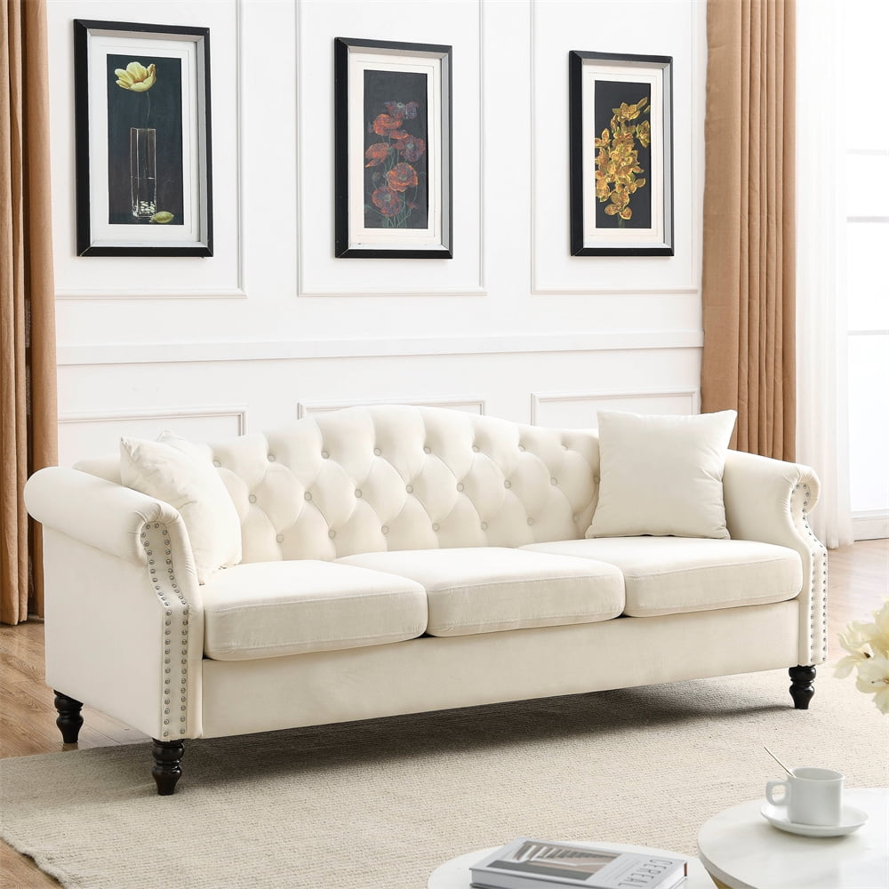 79" Chesterfield Sofa, Velvet Button Tufted Upholstered 3 Seater Sofa ...