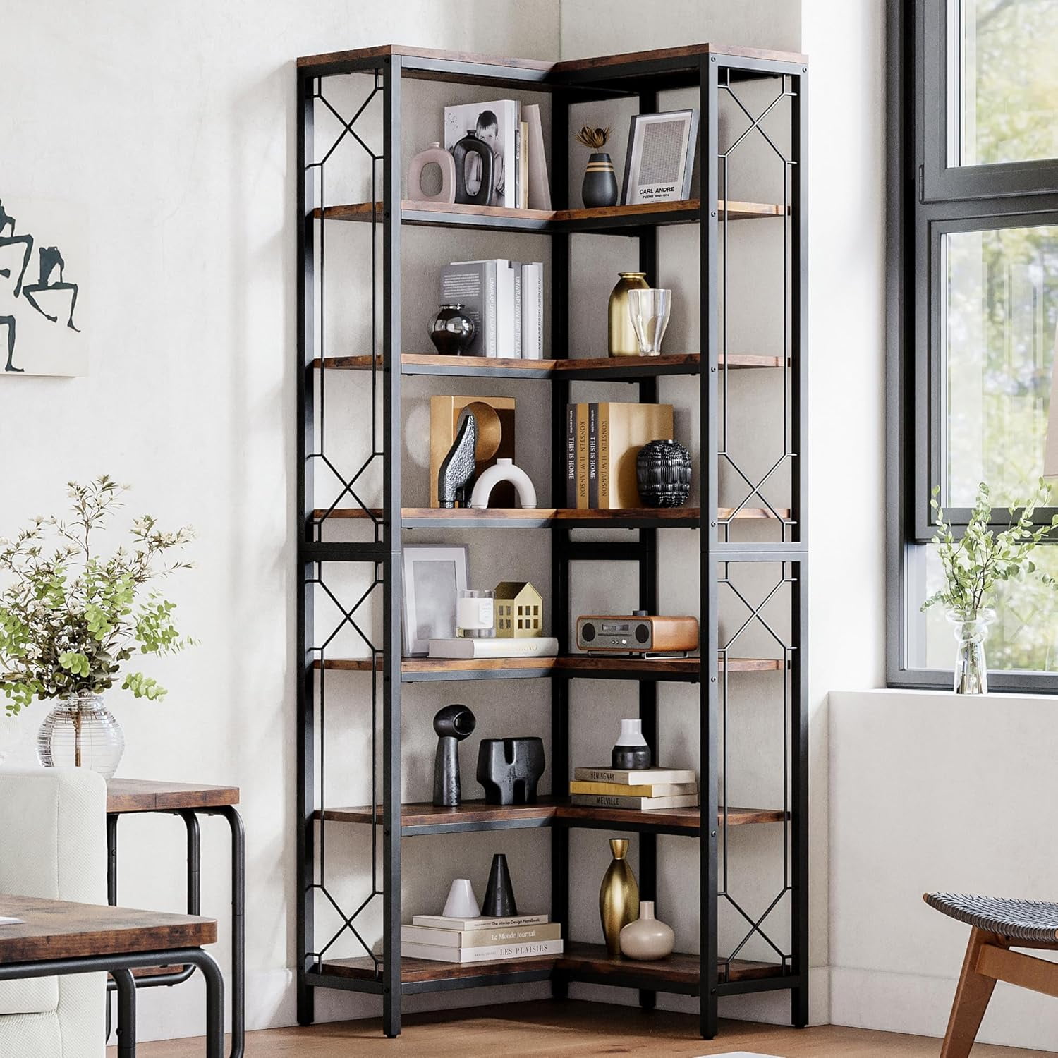 79" Corner Bookshelf, 7-Tier Industrial Corner Bookcase, Tall Corner ...