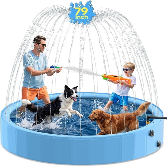79'' Dog Pool with Sprinkler, Foldable Dog Pools for Large Dogs, 2-in-1 ...