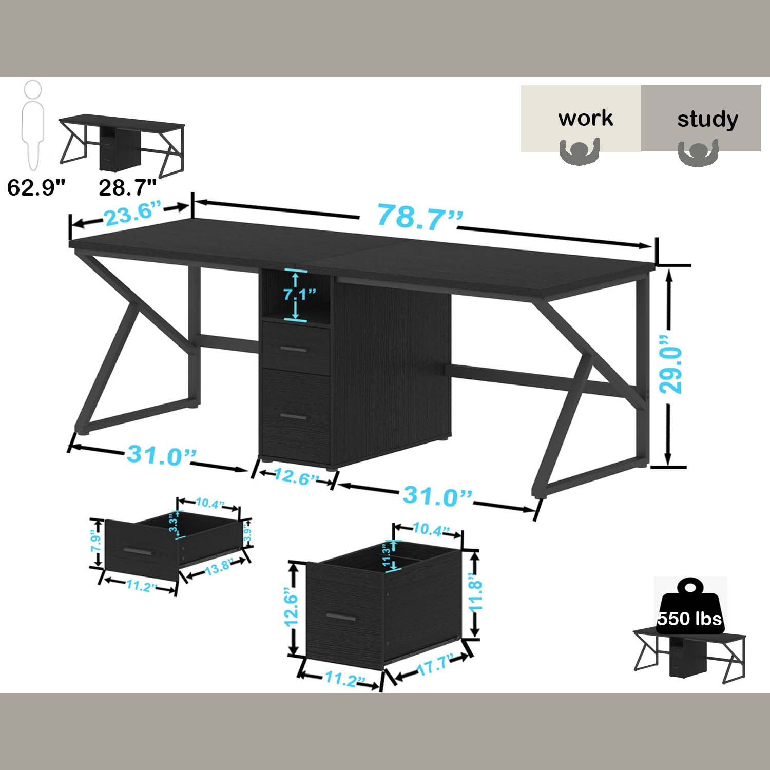 79" Gaming Writing 2 Person Desk with Storage Cabinet Shelf, Black ...