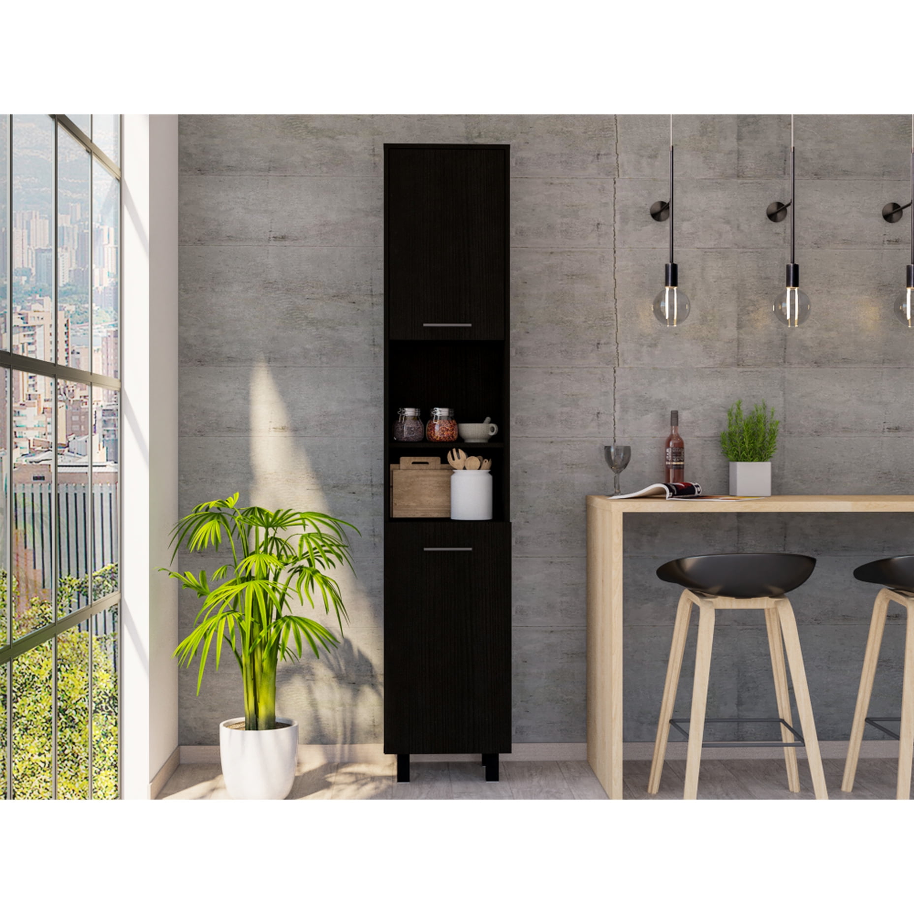 79" H Black Kitchen Pantry With Two Open Shelves For Efficient ...