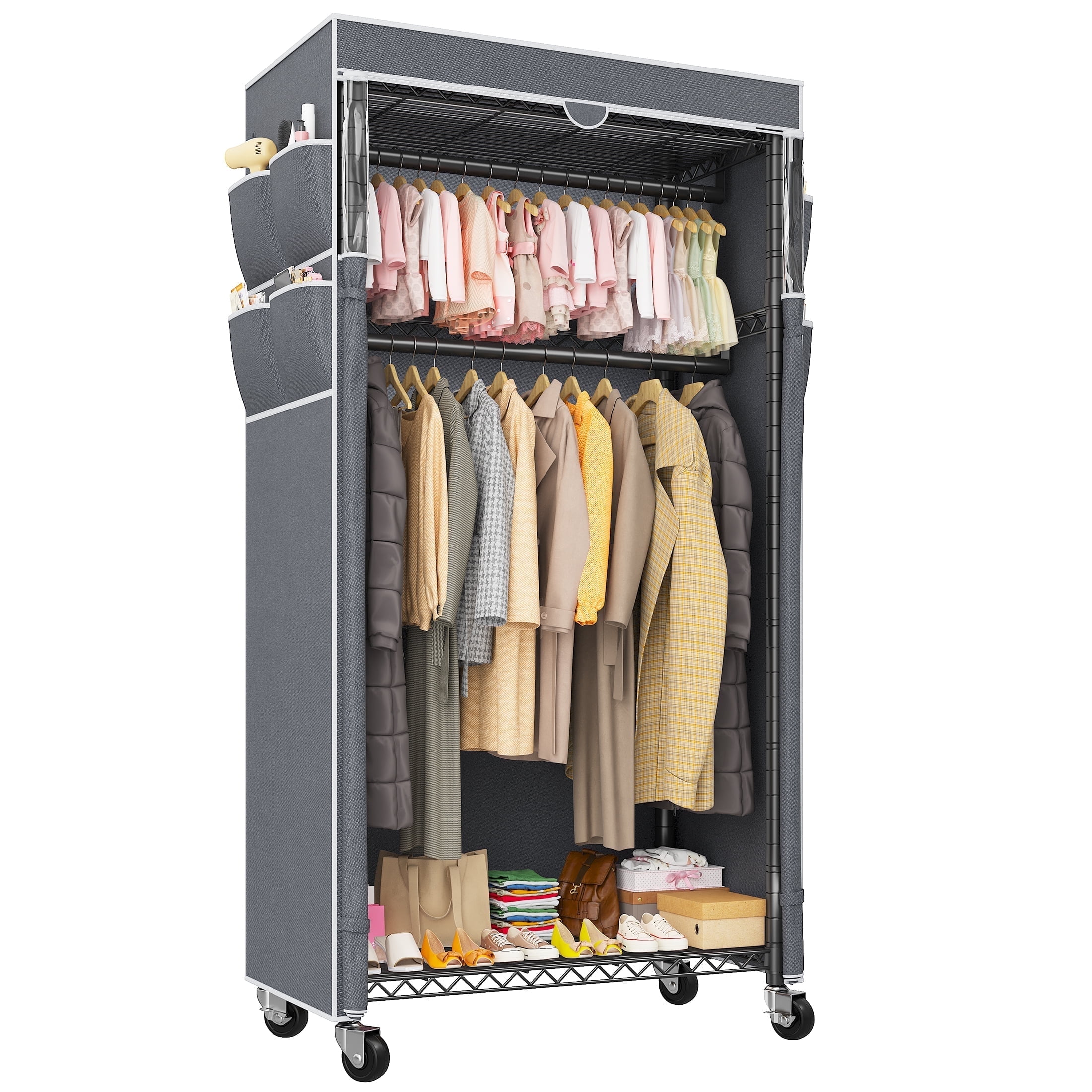 EnHomee 79" H Rolling Clothes Rack with Cover 450LBS Heavy Duty ...